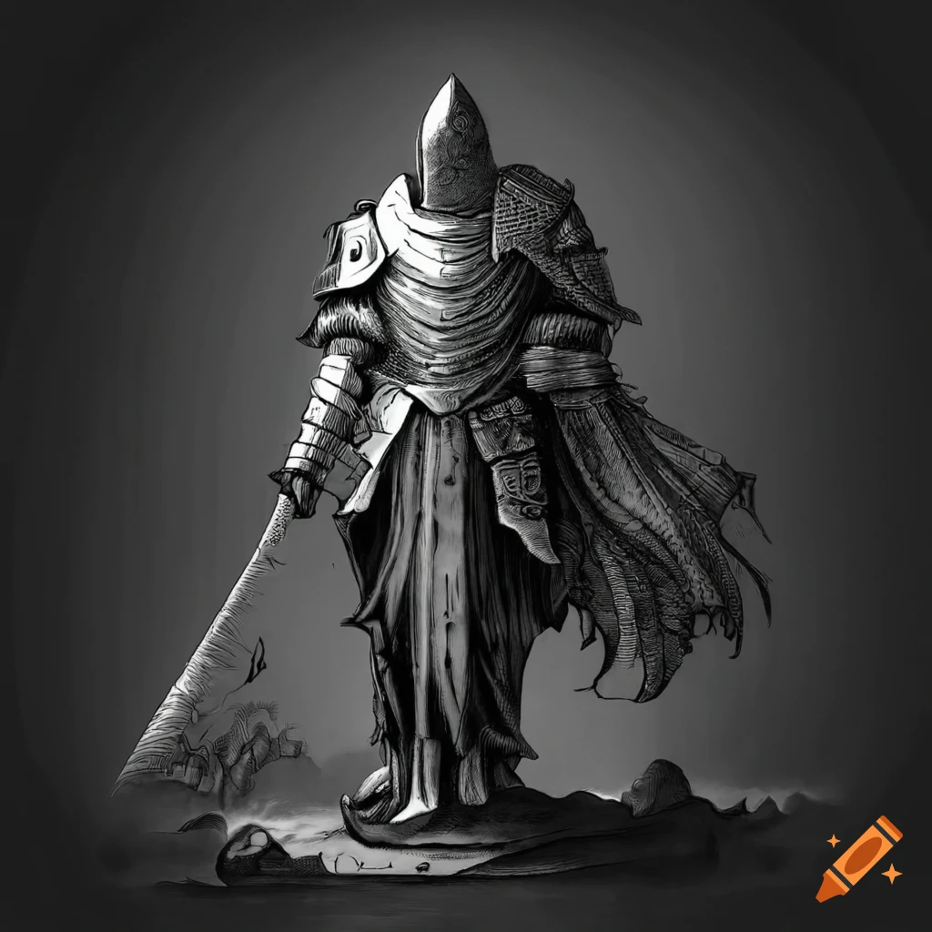 Highly detailed monochrome etching of knight walking on flames on Craiyon