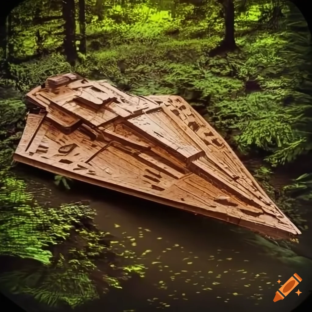 Wooden Star Destroyer in a forest setting, intricately crafted in 8K on Craiyon