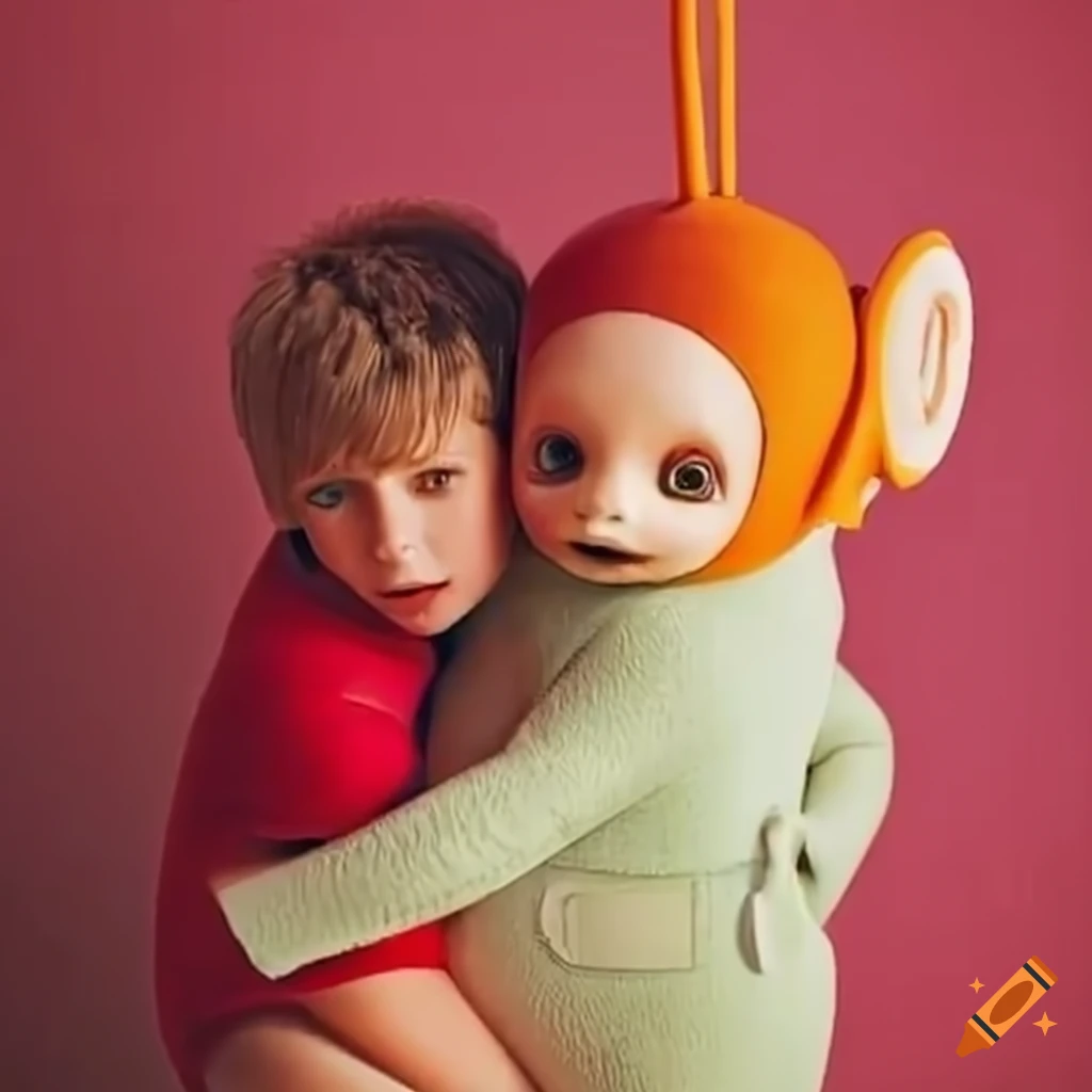 Female teletubby offers piggyback ride to a boy on Craiyon
