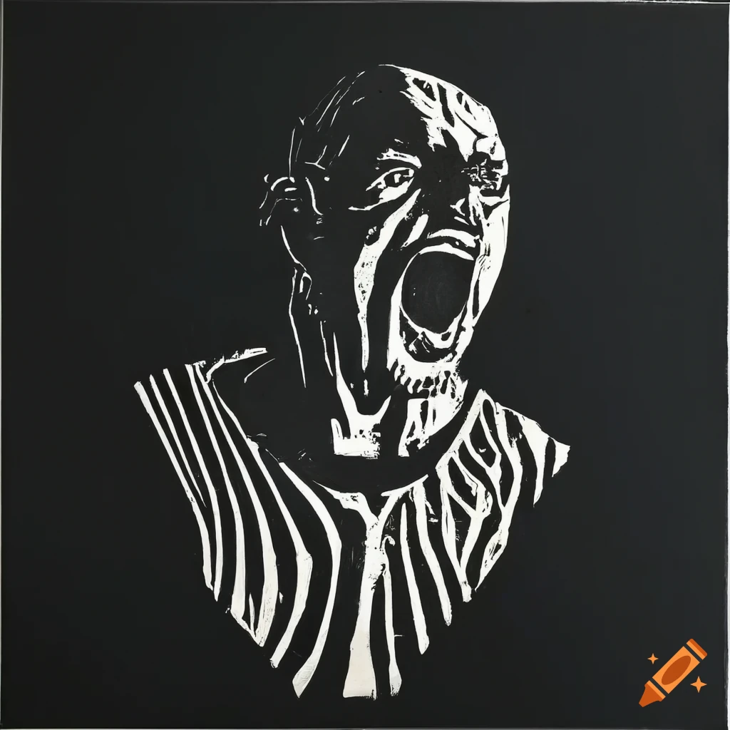 Expressive black and white linocut print of a man filled with rage on ...
