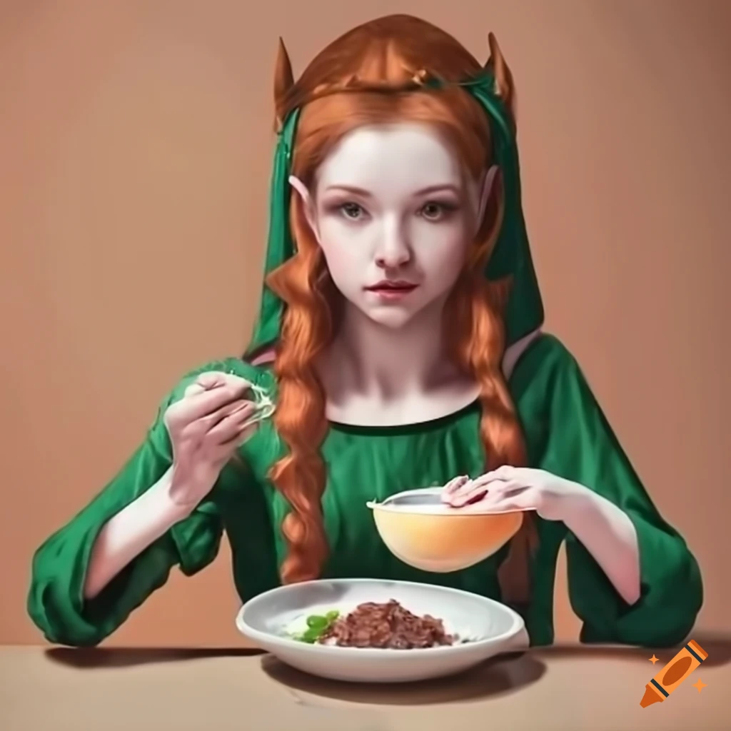 Youthful elf woman eating porridge at a dining table on Craiyon
