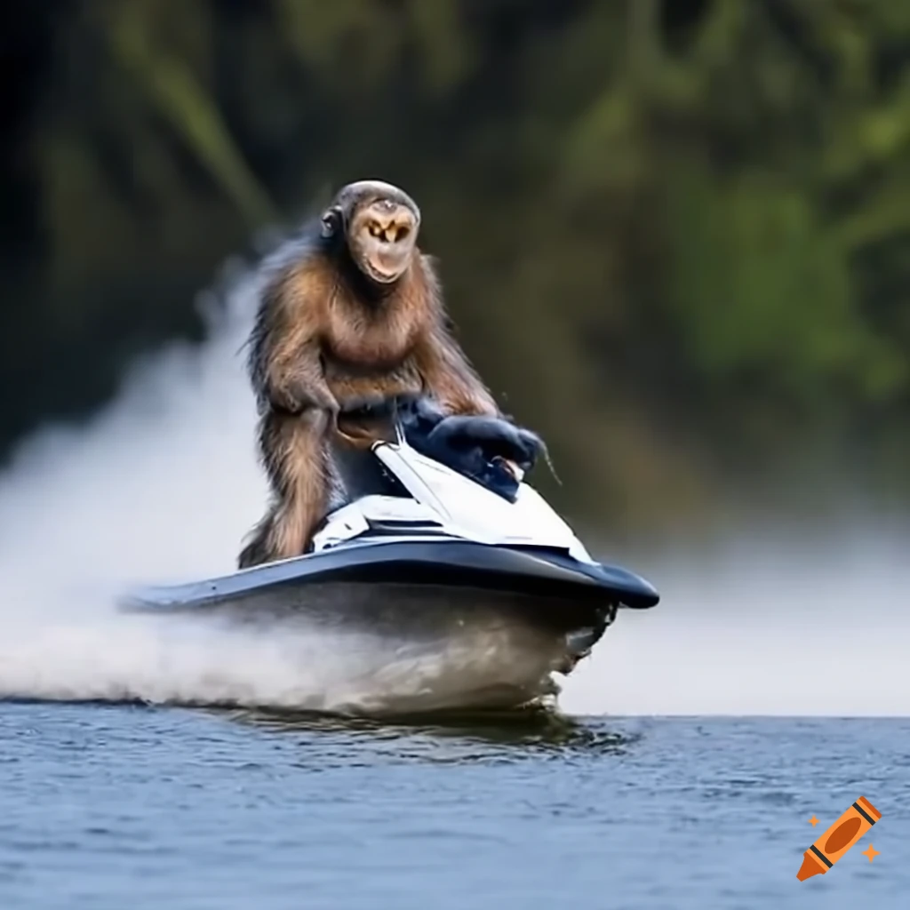 Chimpanzee warrior riding a jet ski on Craiyon