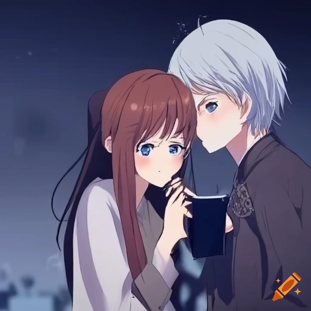 Romantic anime-style proposal with characters of white and brown hair ...