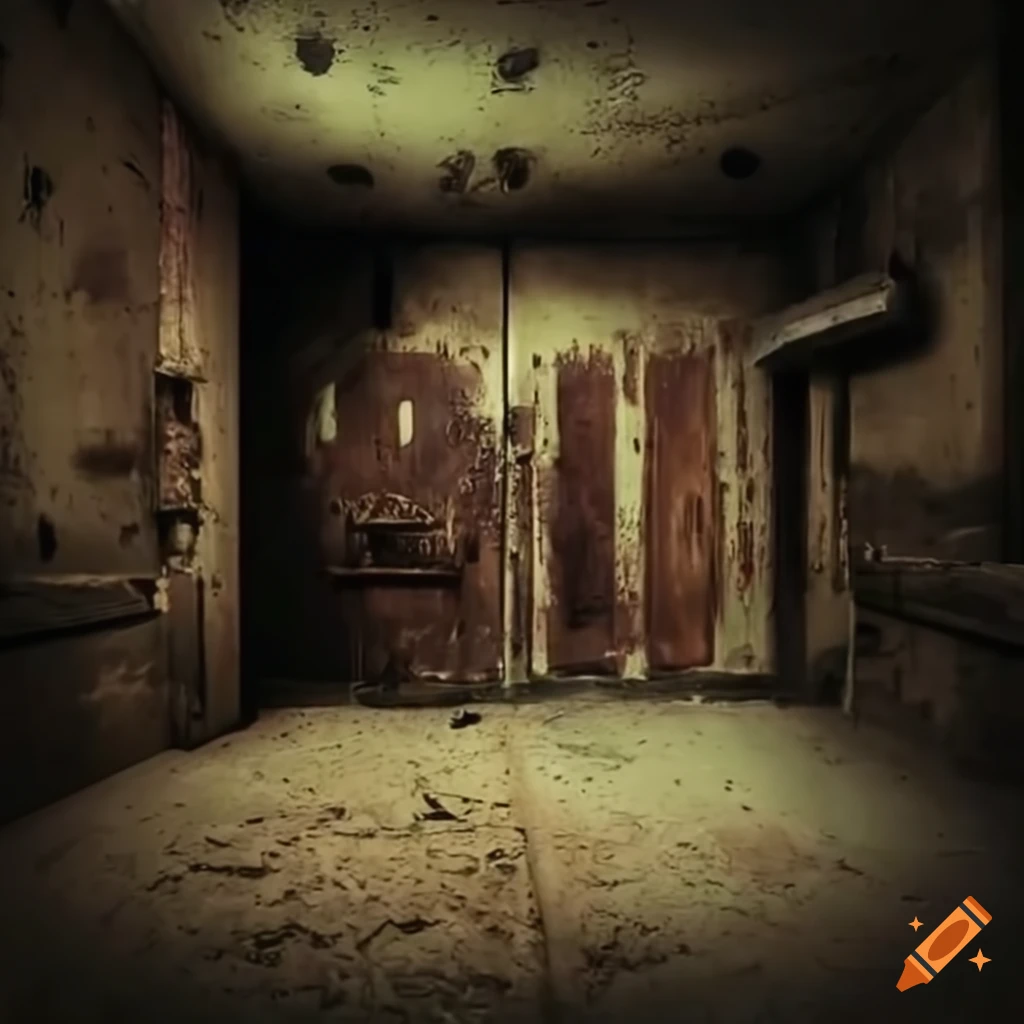 Creepy underground basement room with a rusty closed door and a toilet ...