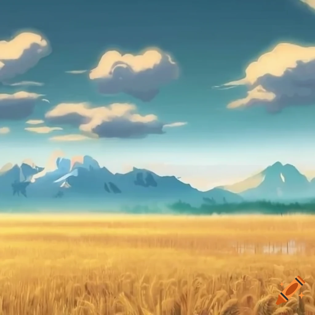 Anime-style wheat field with fluffy clouds and distant mountains on Craiyon