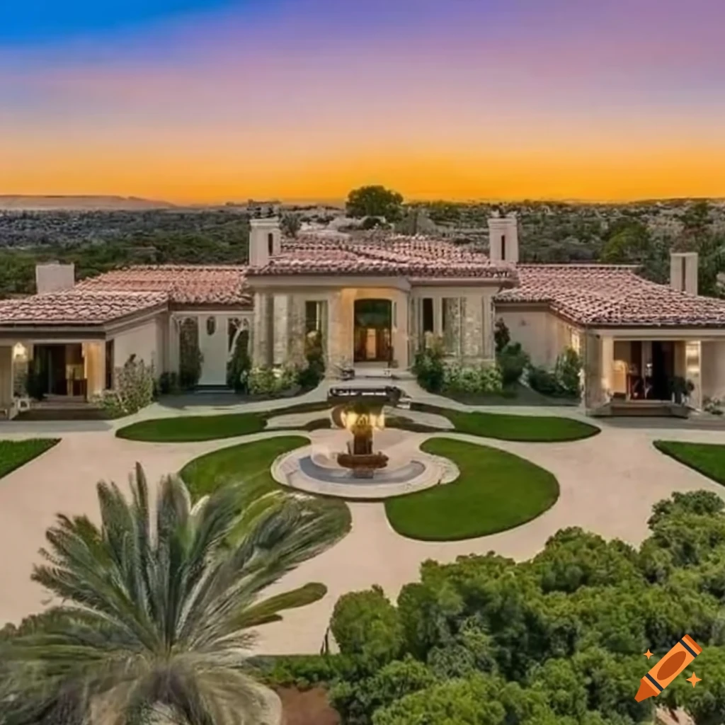 Luxurious California mansion with vast land under a sunny sky on Craiyon