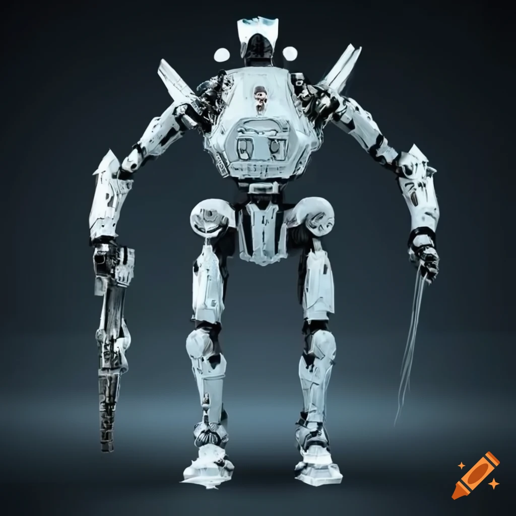 Futuristic war robot with sword hands in a full body shot on Craiyon