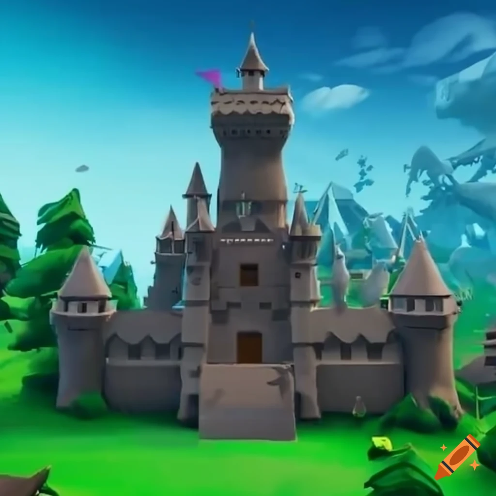 Cartoon fortnite castle on flat grass terrain on Craiyon