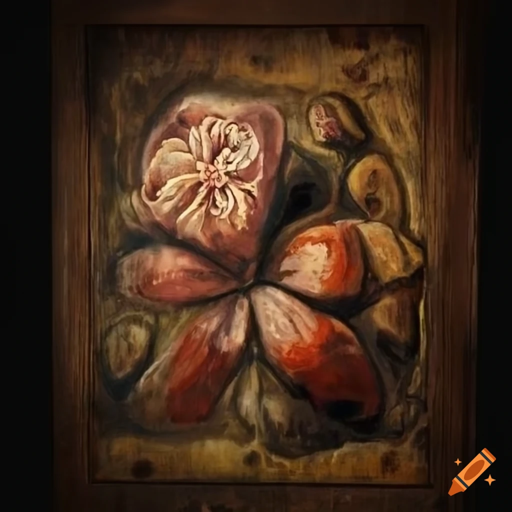 Medieval-style abstract flower painting on wood with rocks on Craiyon