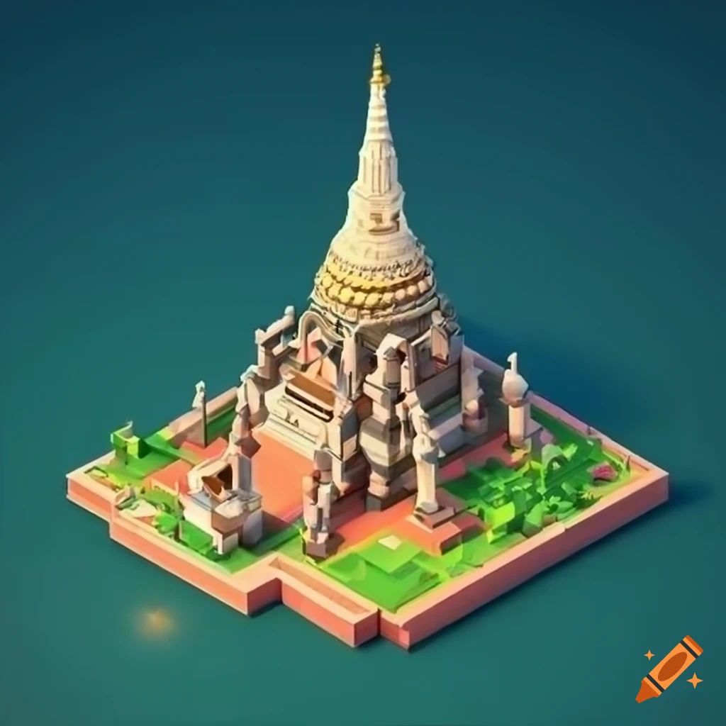 Isometric pre-rendered video game model of ayutthaya temple on Craiyon