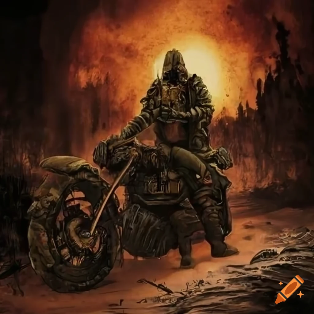 Intimidating post-apocalyptic motorcyclist on a deserted highway metal ...