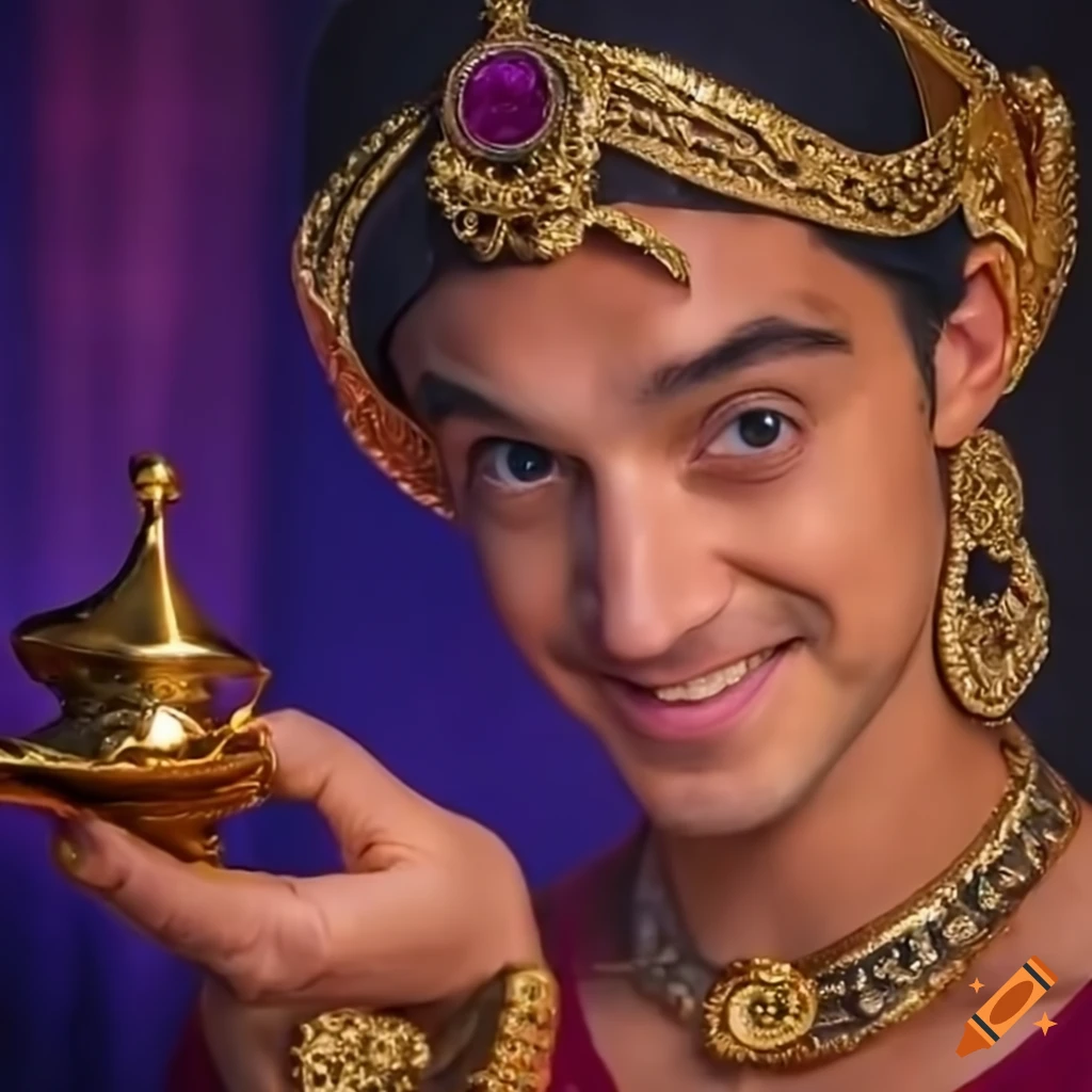 Close-up portrait of Aladdin cradling a magic lamp on Craiyon