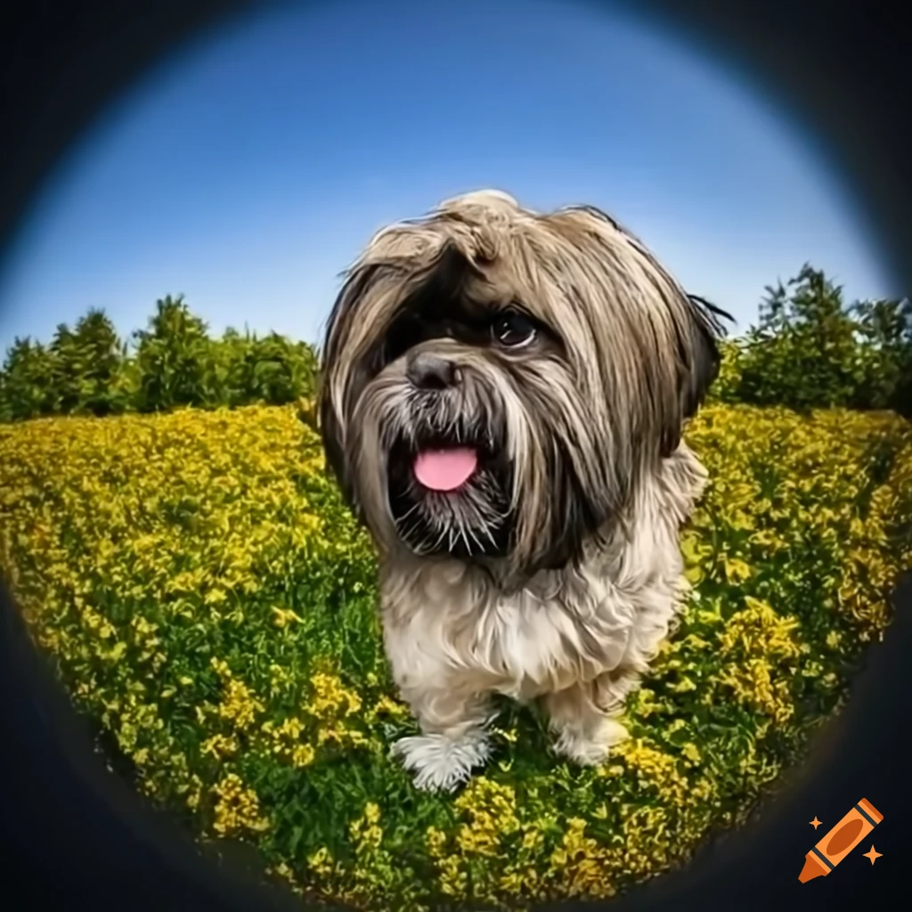 Brindle shih tzu in flower fields with fish eye lens effect on Craiyon