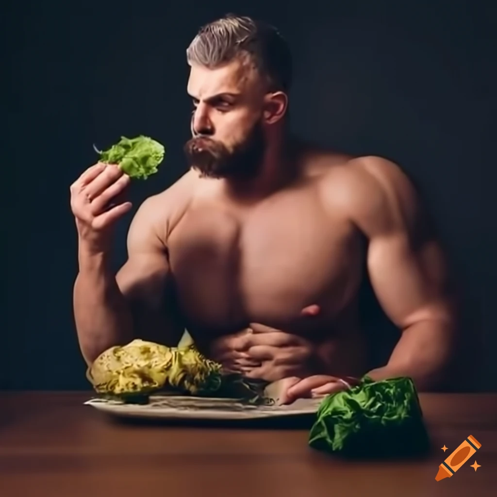 Muscular man eating greens at a table, appearing ready for battle on ...