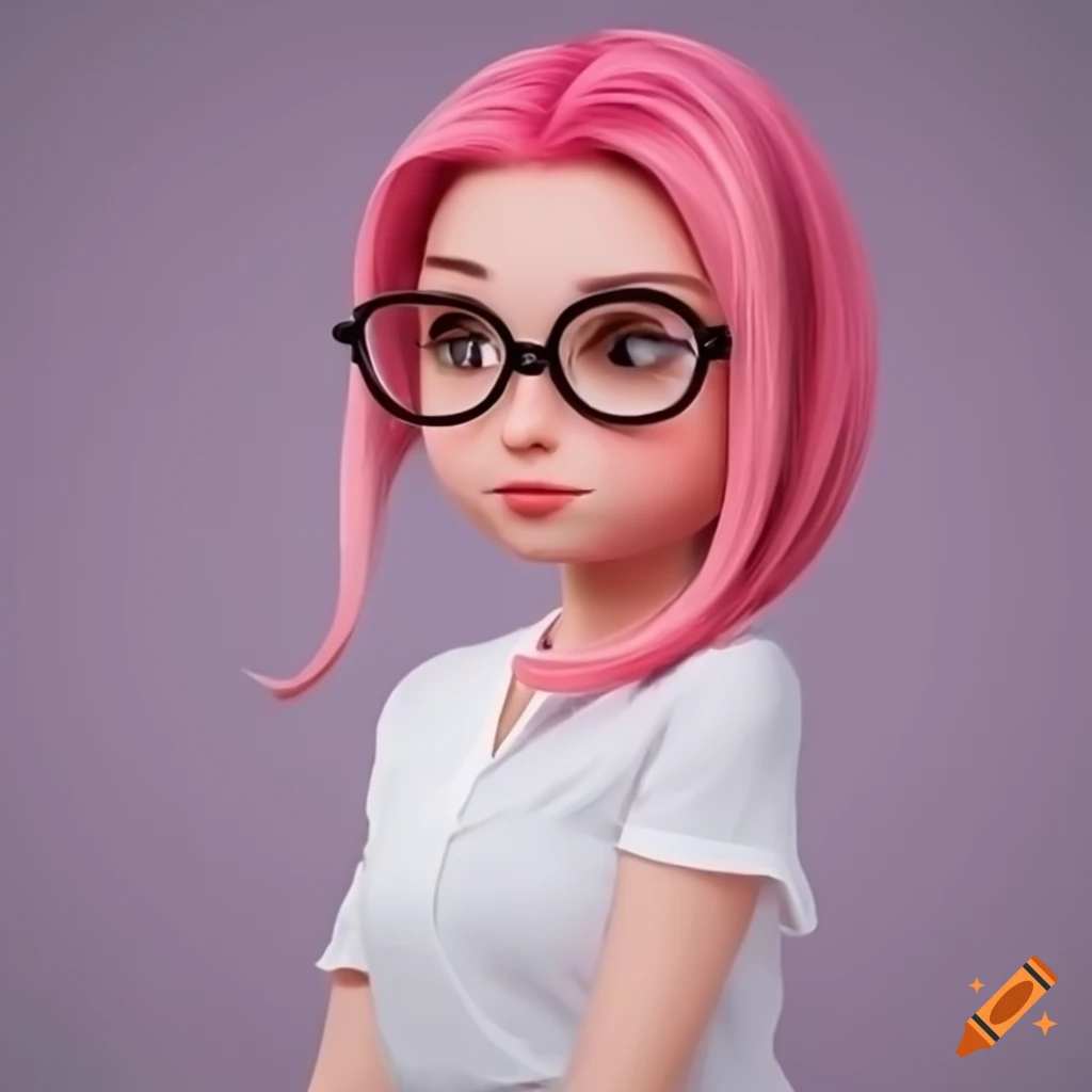 Cute animation of a young woman with elegant round glasses, brown eyes ...