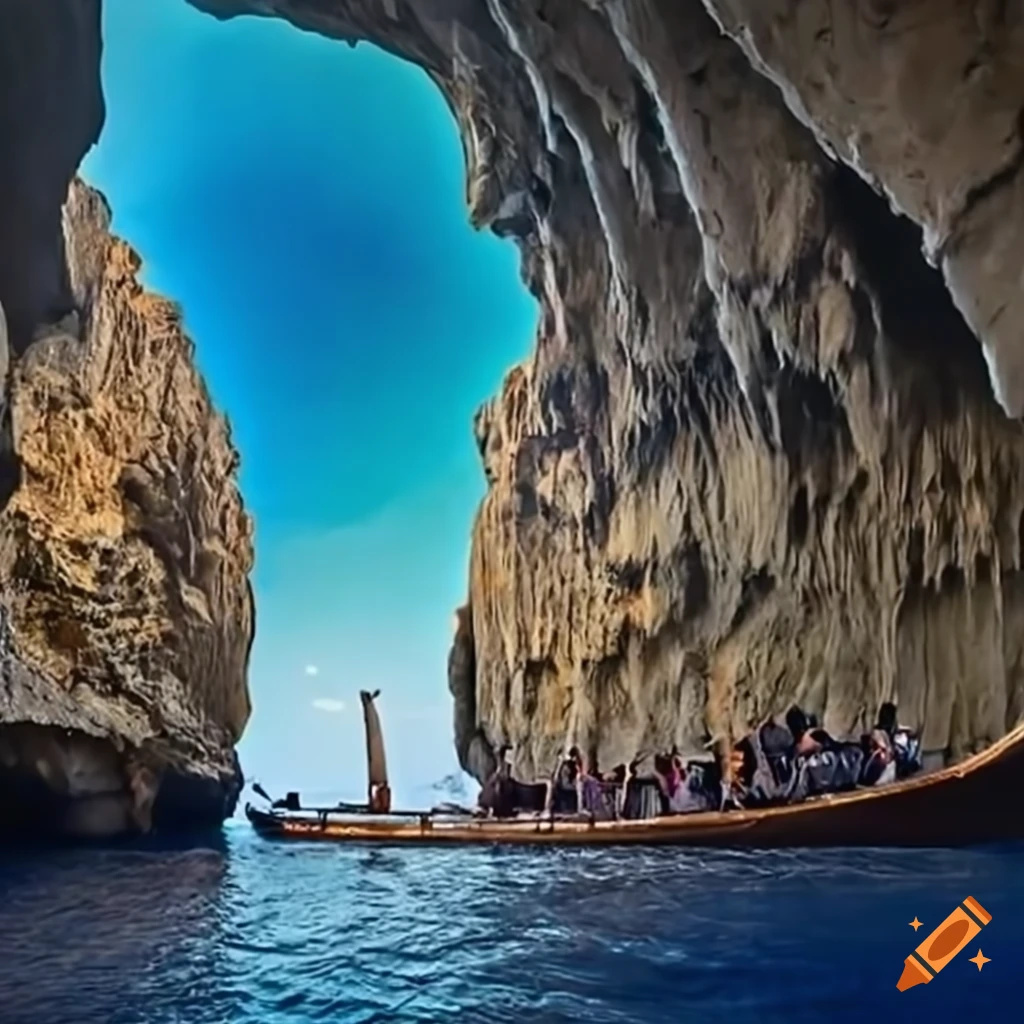 Greek longship with modern passengers navigating a cave with tentacles ...