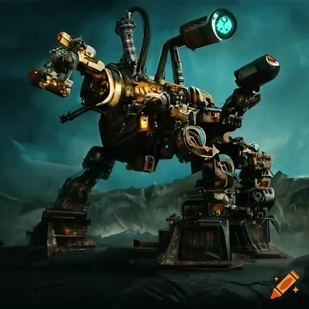 Fantasy steampunk miner scavenger drill machine giant robot horror on ...