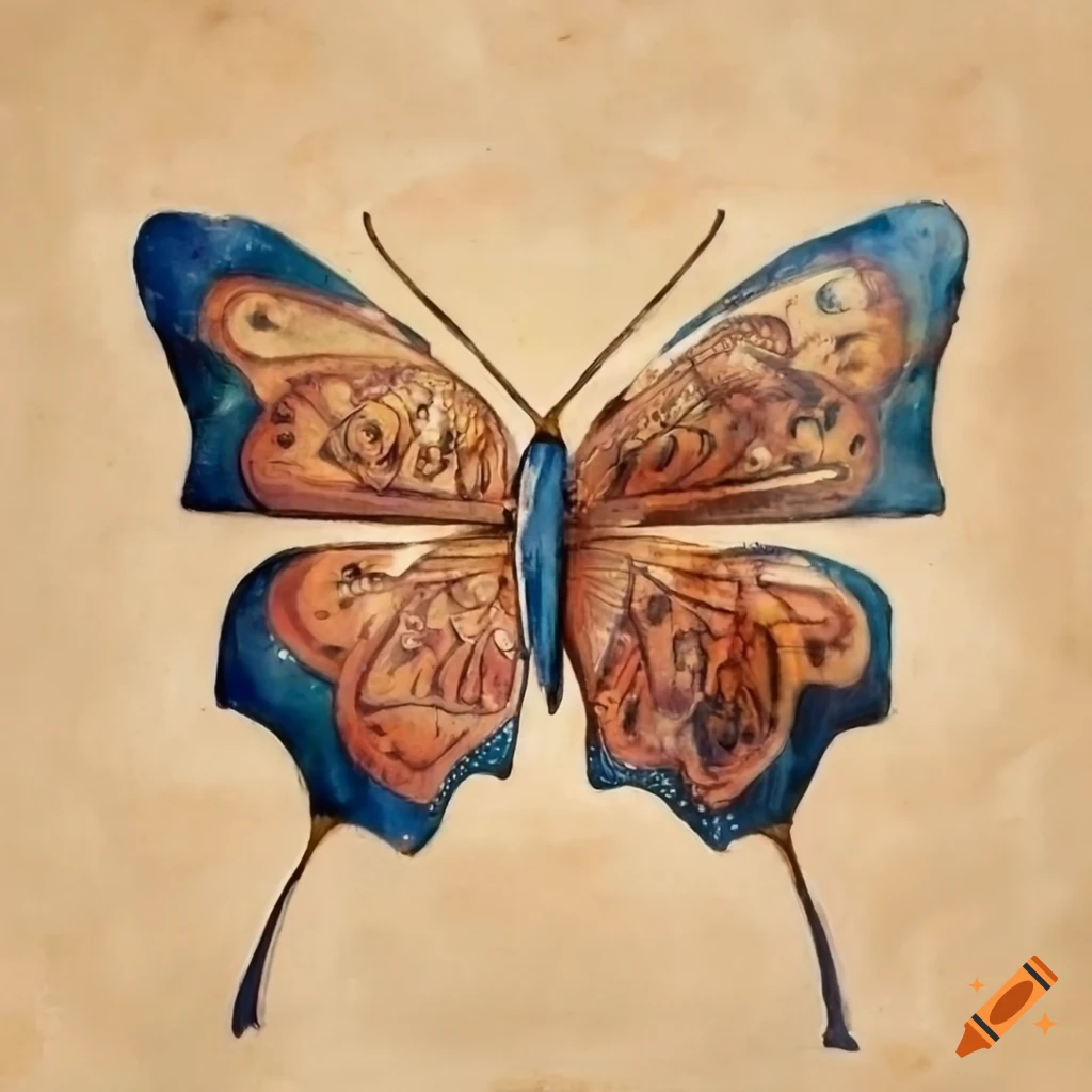 Abstract butterfly on a wood table with etchings in medieval style on ...