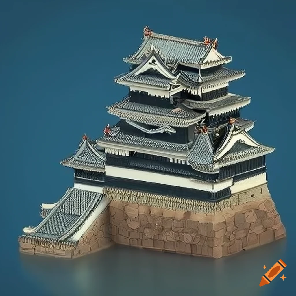 Isometric pre-rendered model of Matsumoto Castle in a video game on Craiyon