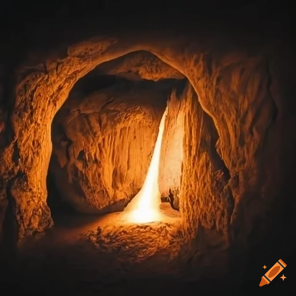 Cave wall illuminated with warm fire-like light on Craiyon