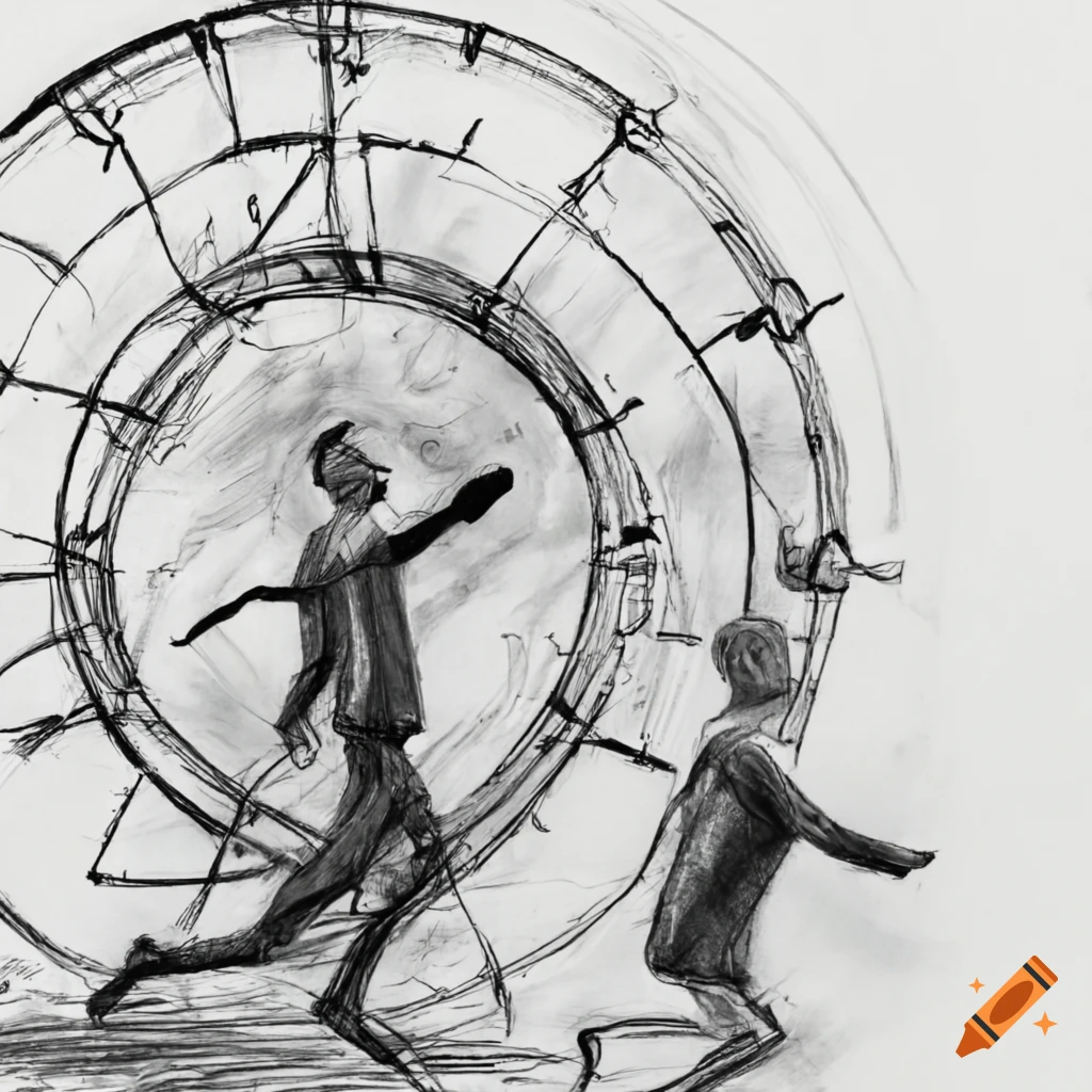 Two people chasing each other in front of a giant clock on Craiyon