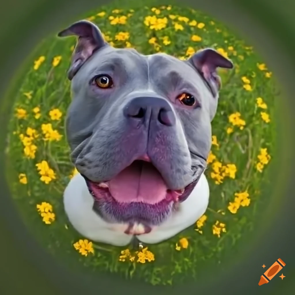 Blue pit bull in flower fields with fish eye effect on Craiyon
