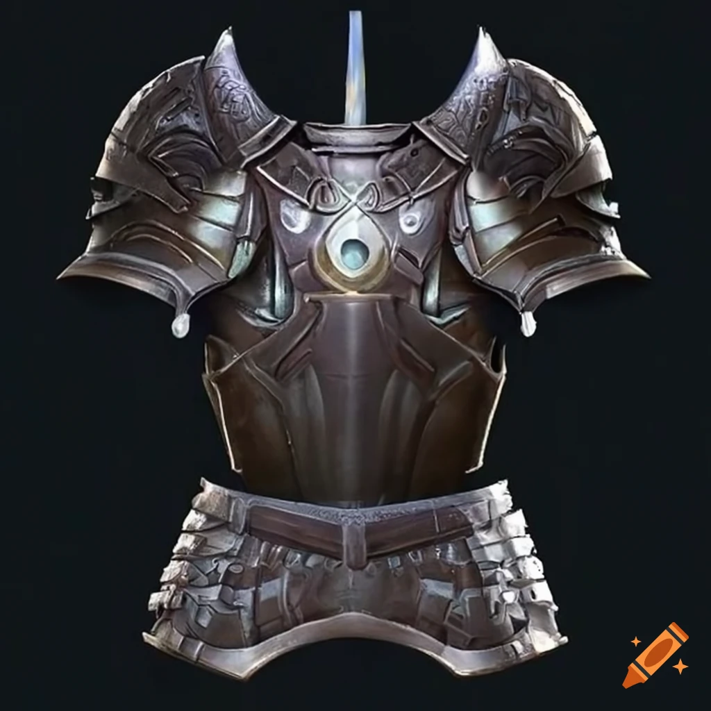 Adorned heavy body armor from the front in a close view on Craiyon
