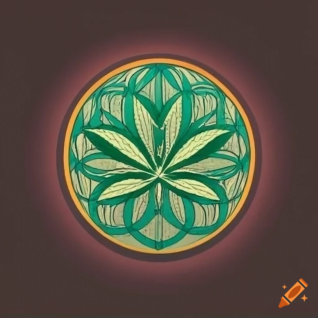 Circular logo featuring marijuana leaf and flower of life design on Craiyon
