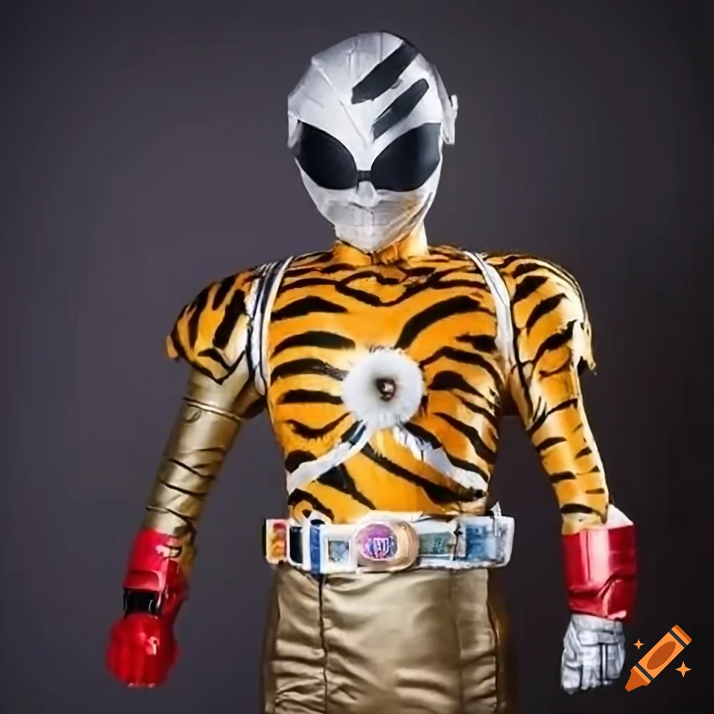 Elderly Japanese man in vintage tiger-themed tokusatsu hero costume on ...