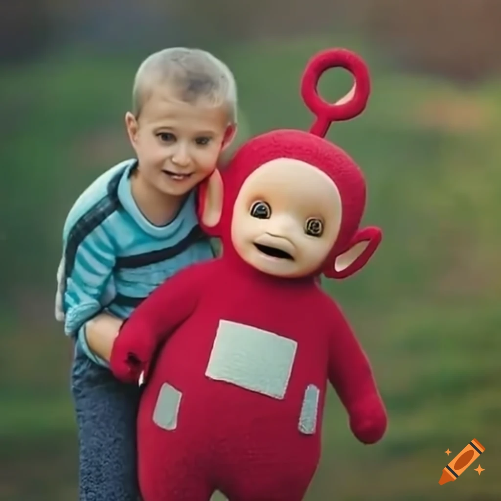 Female teletubby offering piggyback ride to a boy on Craiyon