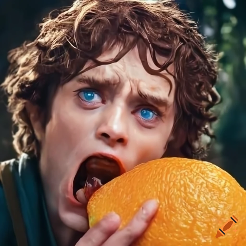 Frodo eating a large orange with a displeased expression on Craiyon