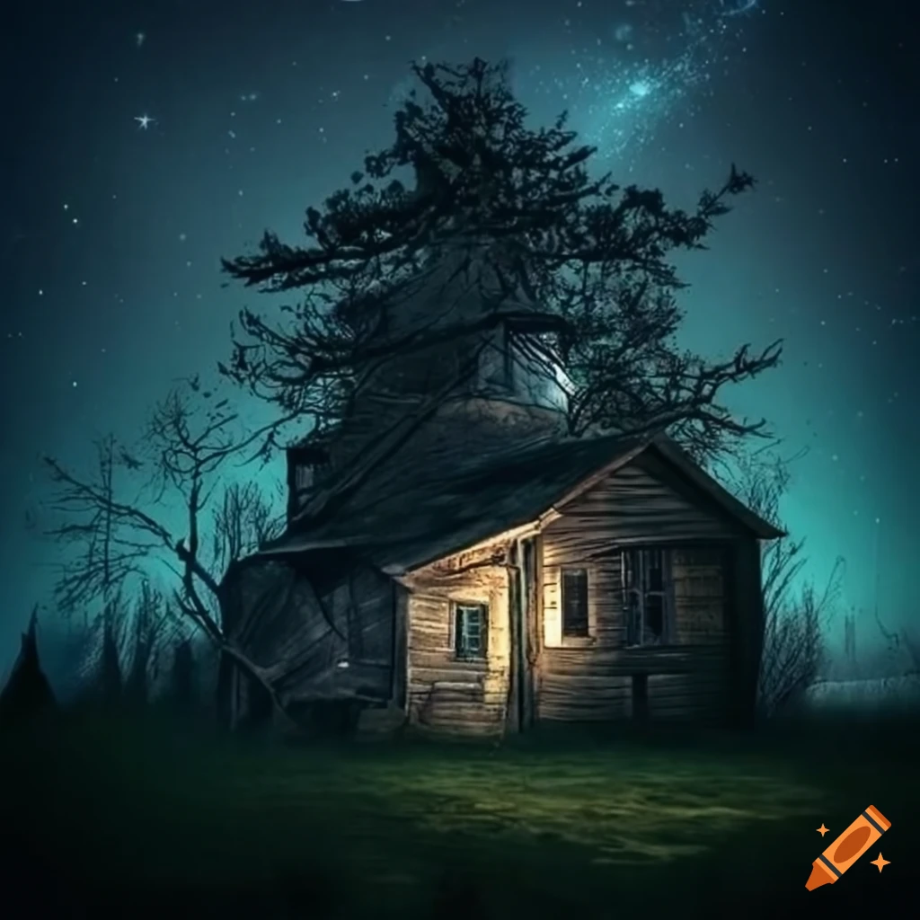 Dilapidated wooden house around an enormous tree in a spooky night with ...