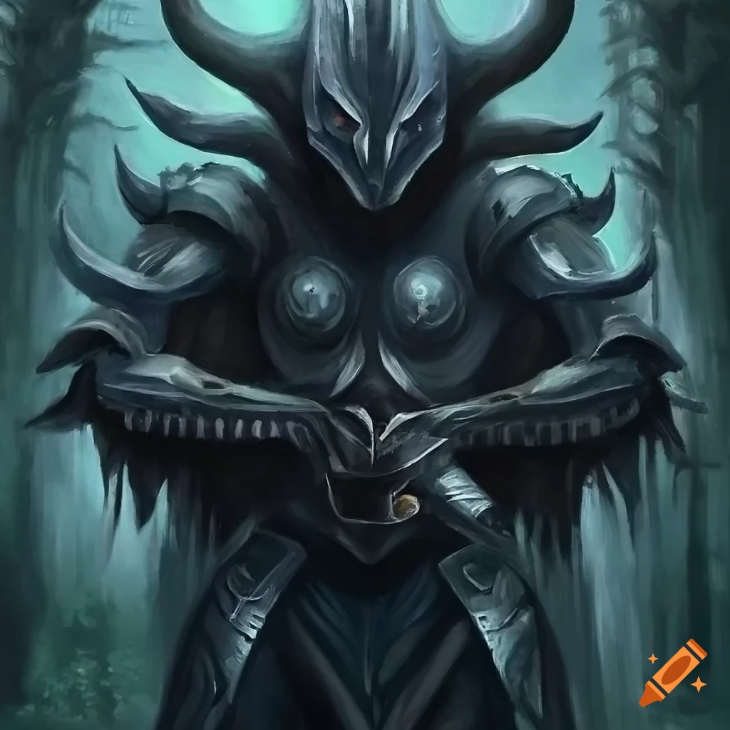 Alien warrior entity in full armor with energy aura in a deep forest on Craiyon