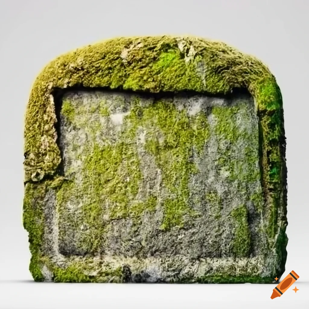Moss-covered ancient stone tablet with border on white background on ...