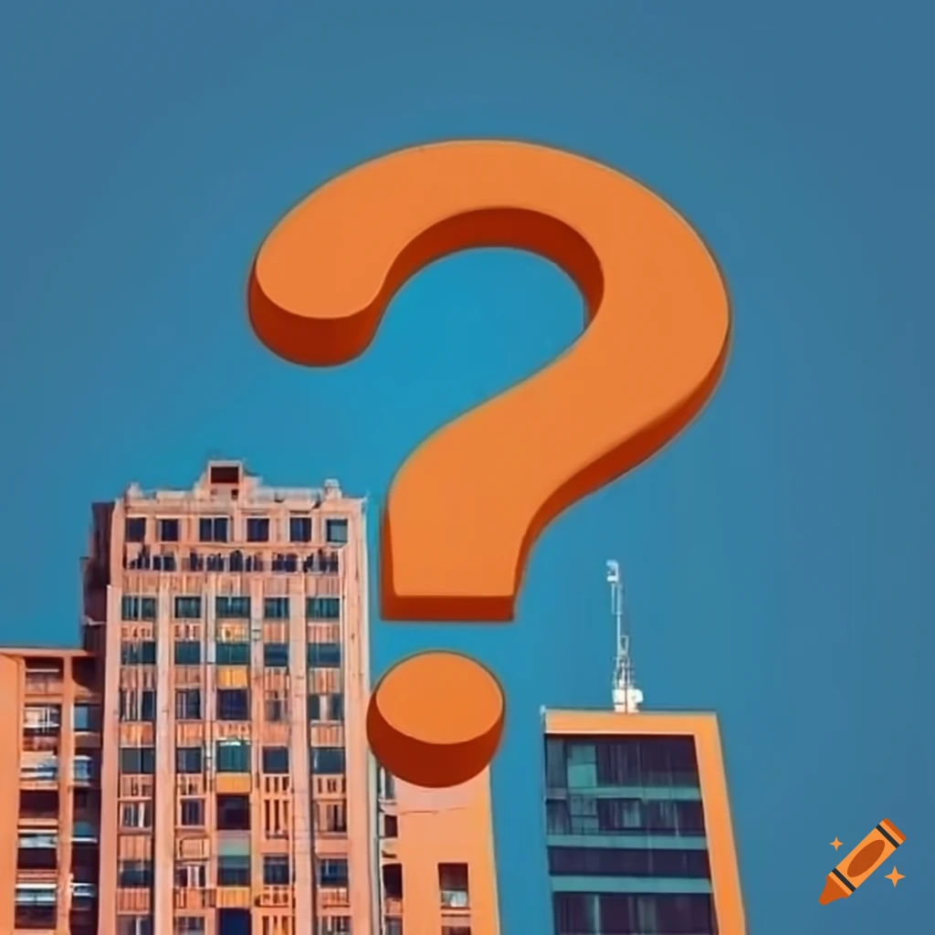 Question mark against high-rise buildings in blue and orange tones on ...