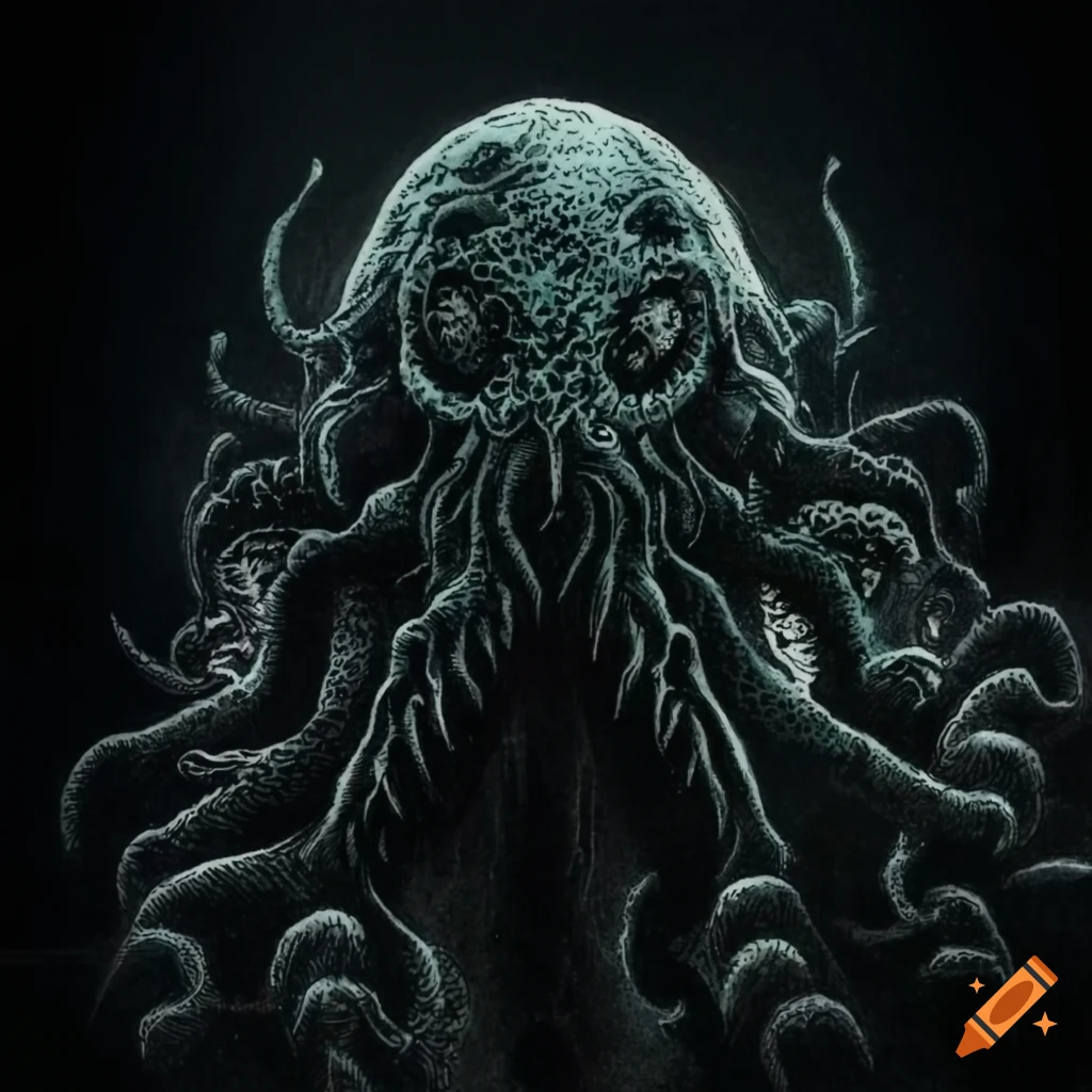 Dreaded Cthulhu in a haunting hokusai woodblock style on Craiyon