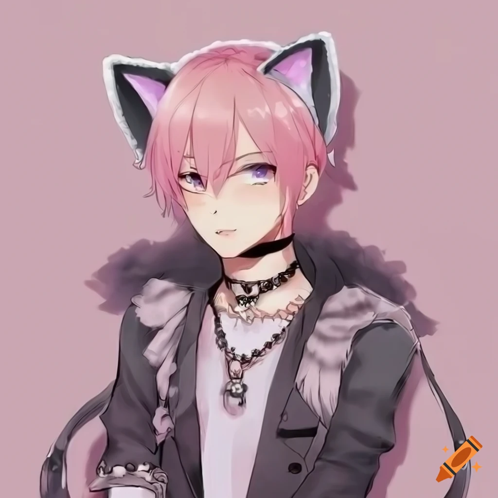 Adorable mid-20s man with cat ears and pink hair in pastel goth outfit ...
