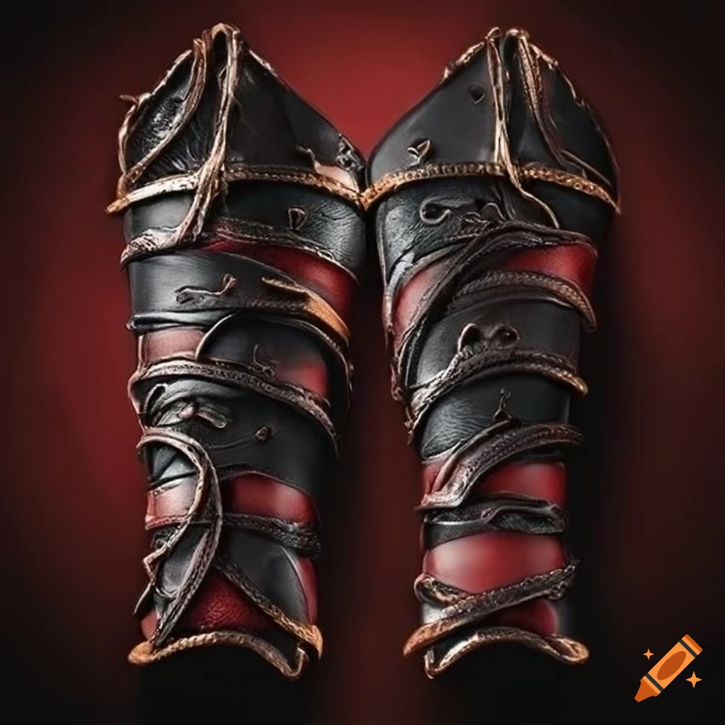 Black leather vambraces with red glass spires for a dnd rogue on Craiyon