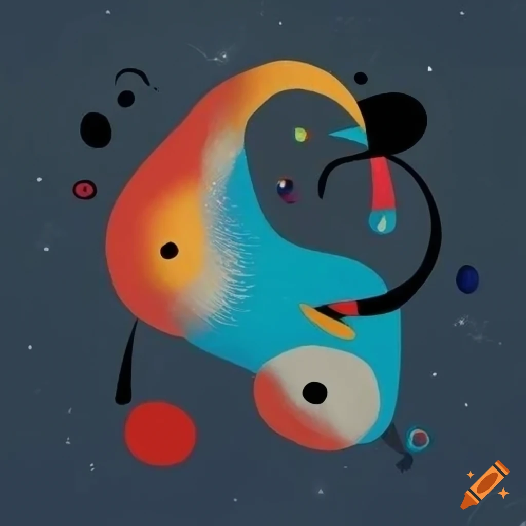 Surrealist cosmic creatures and plants in Miro painting style with red ...