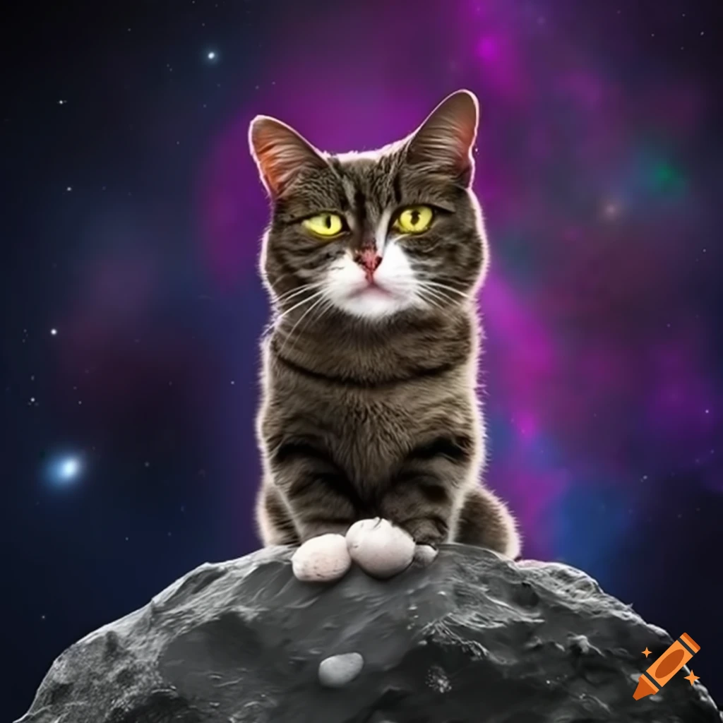 Cat sitting on a flower-covered asteroid gazing into outer space on Craiyon