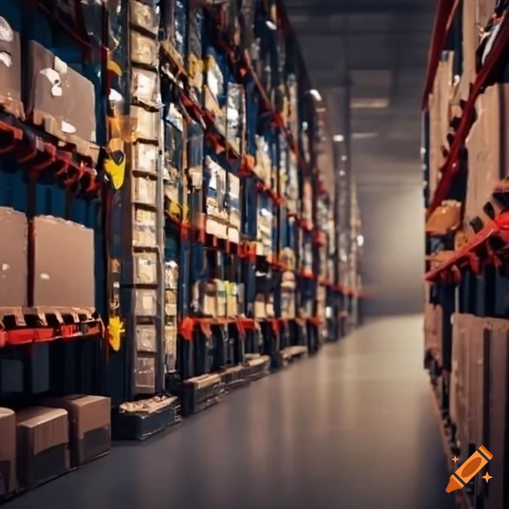 Team members organizing inventory in an industrial warehouse on Craiyon