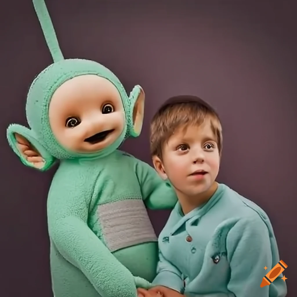 Female teletubby offering piggyback ride to a boy on Craiyon