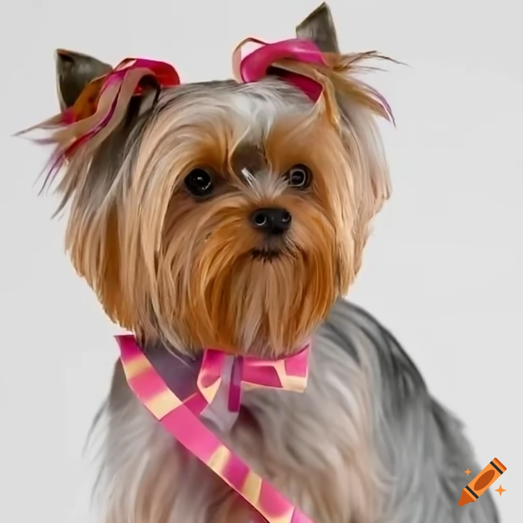 Yorkshire terrier with a colorful ribbon on Craiyon
