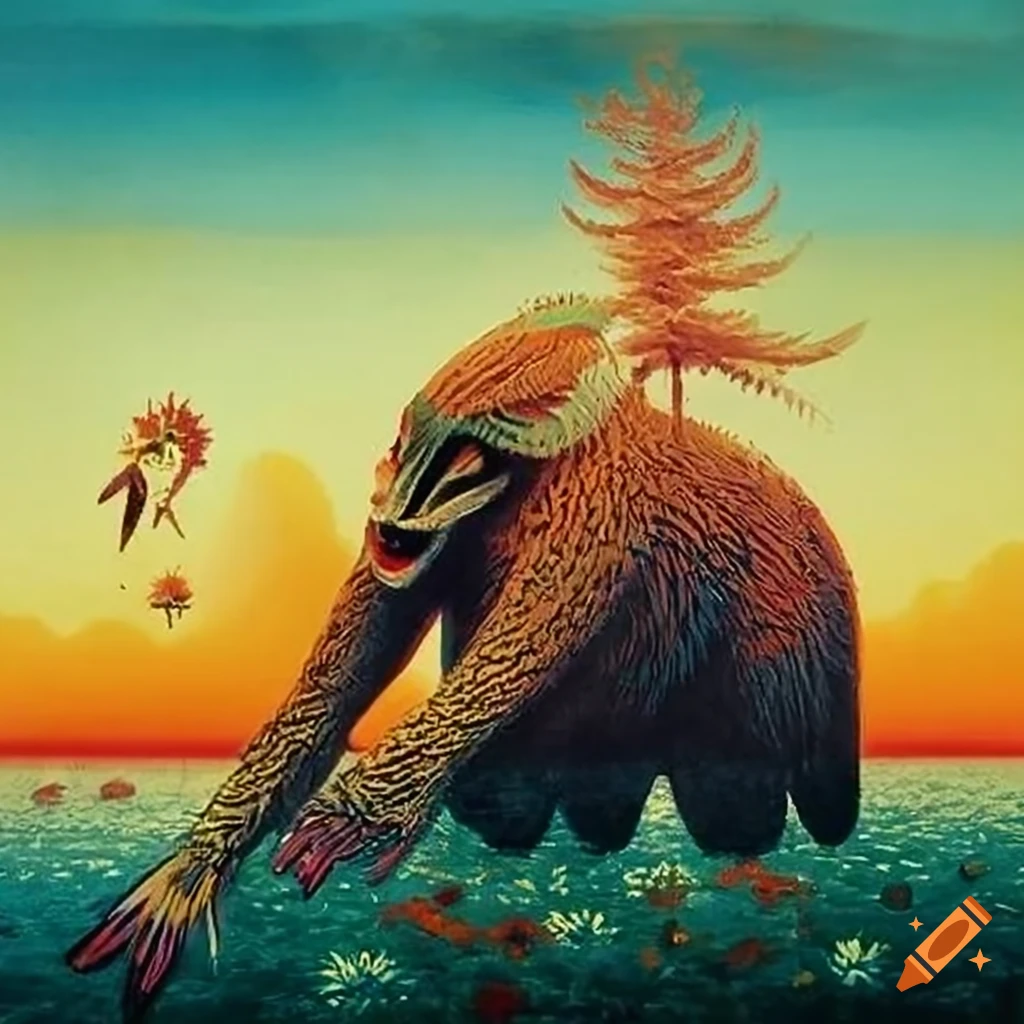 Color serigraph with native Salish and fantasy creature motifs on Craiyon