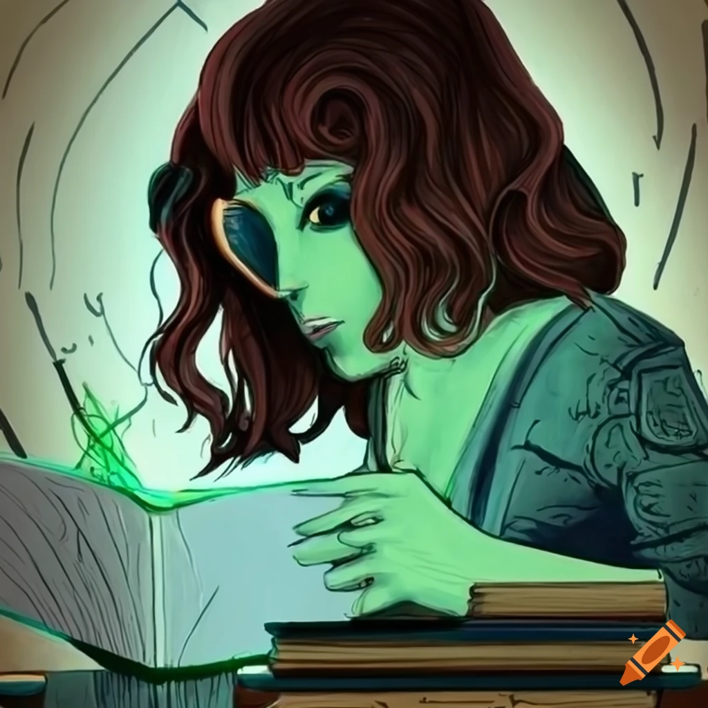 Alien librarian surrounded by book stacks on Craiyon