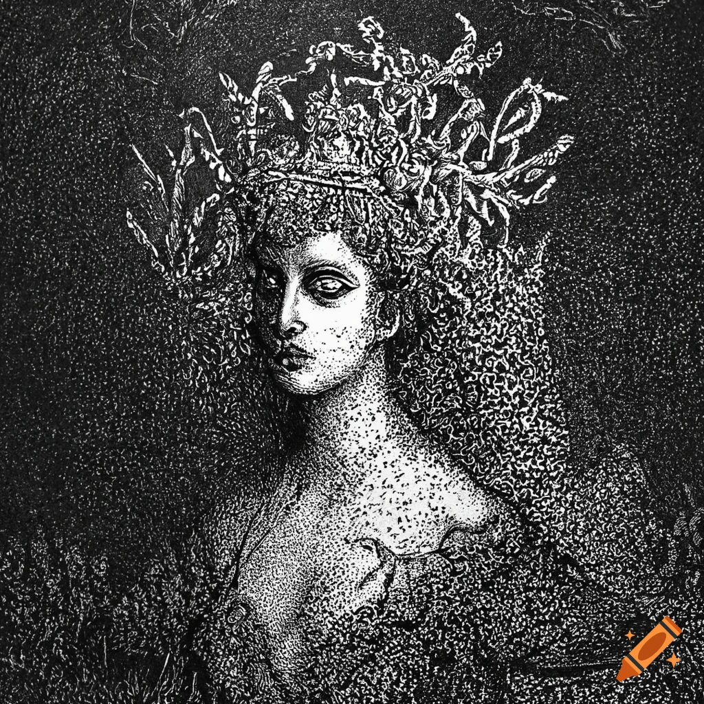 Stipple drawing of queen titania with falling leaves and fungi in ...