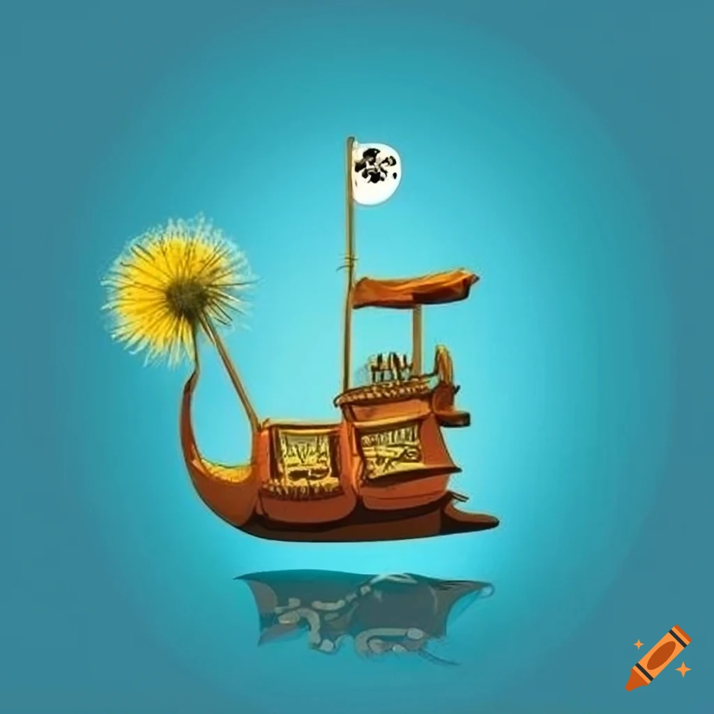 Cartoon-style pirate ship golf cart sailing on the sea for dandelion ...