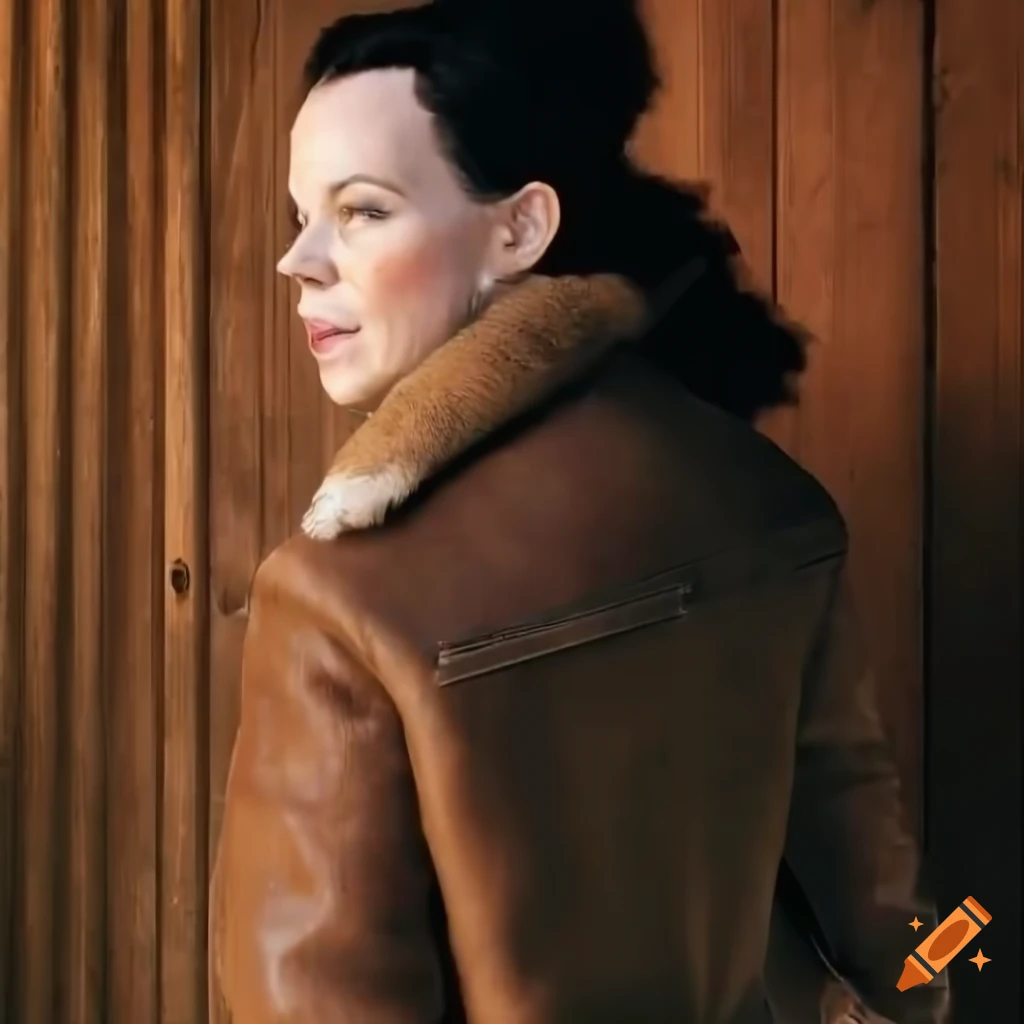 Actress Debi Mazar lookalike in sheepskin bomber jacket and black leather trousers standing in ...