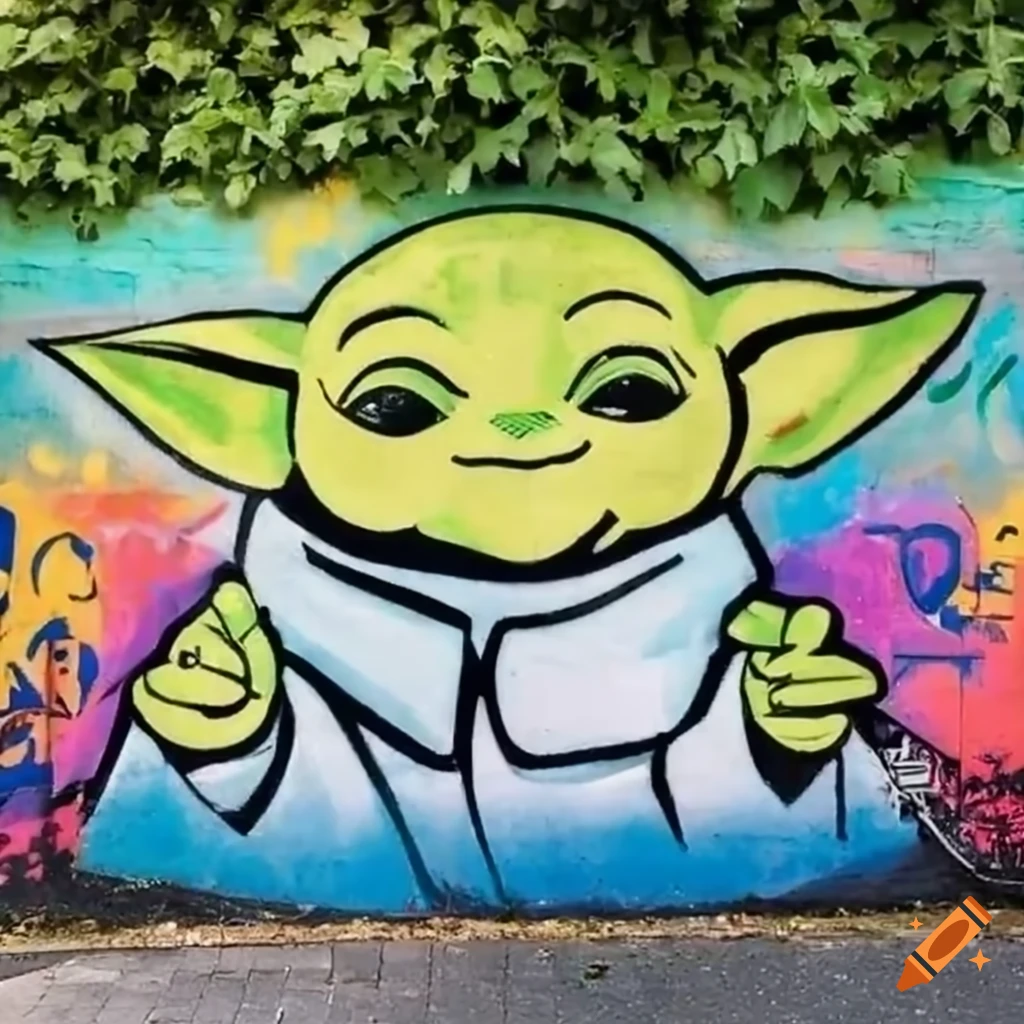 Graffiti of baby yoda covered by vines on a wall on Craiyon