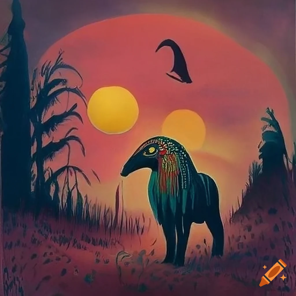 Color serigraph of native Salish motifs with fantasy creatures and ...